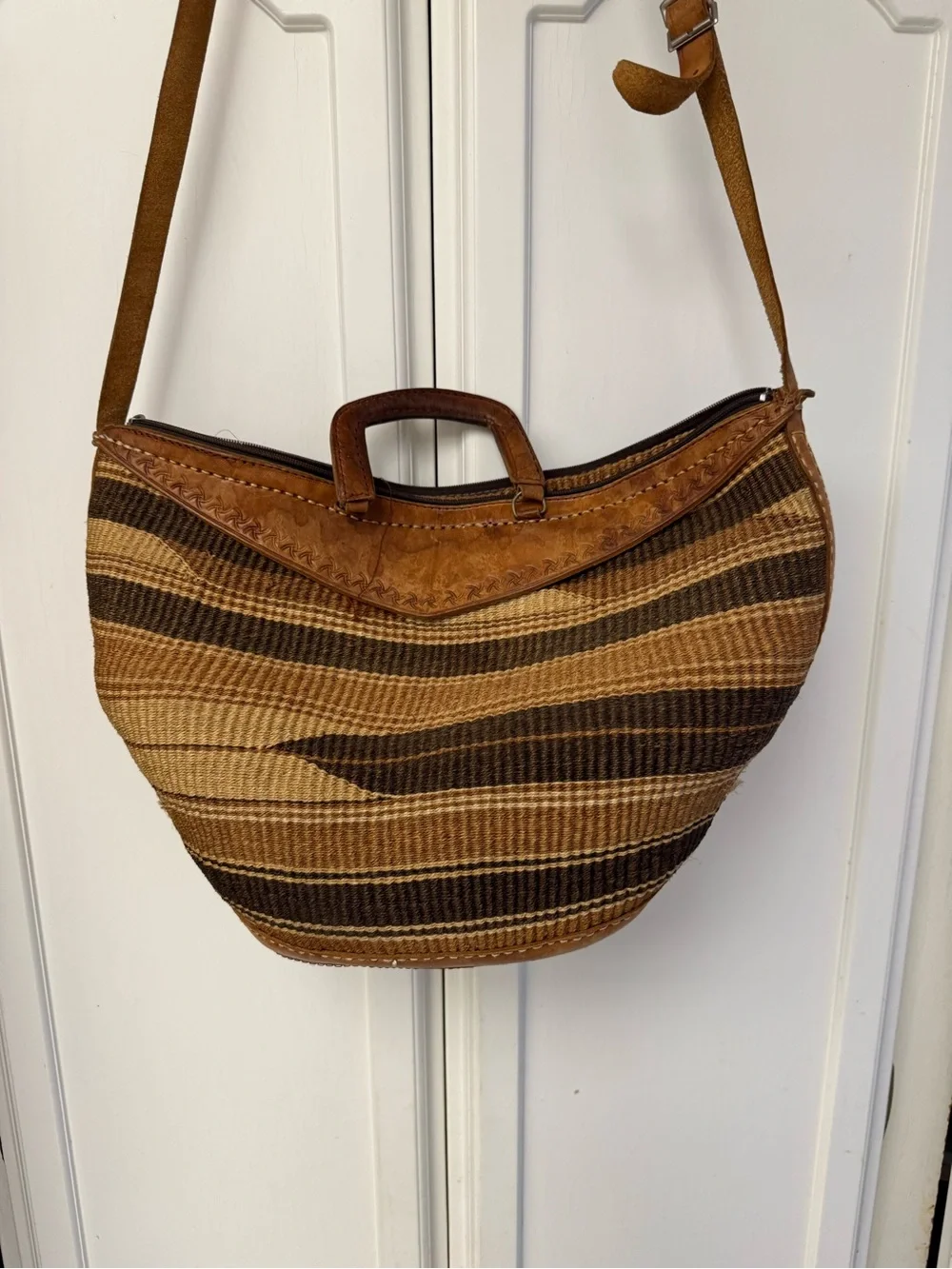 Bags | Woven Straw Shoulder Bag With Leather Trim In Brown | Poshmark
